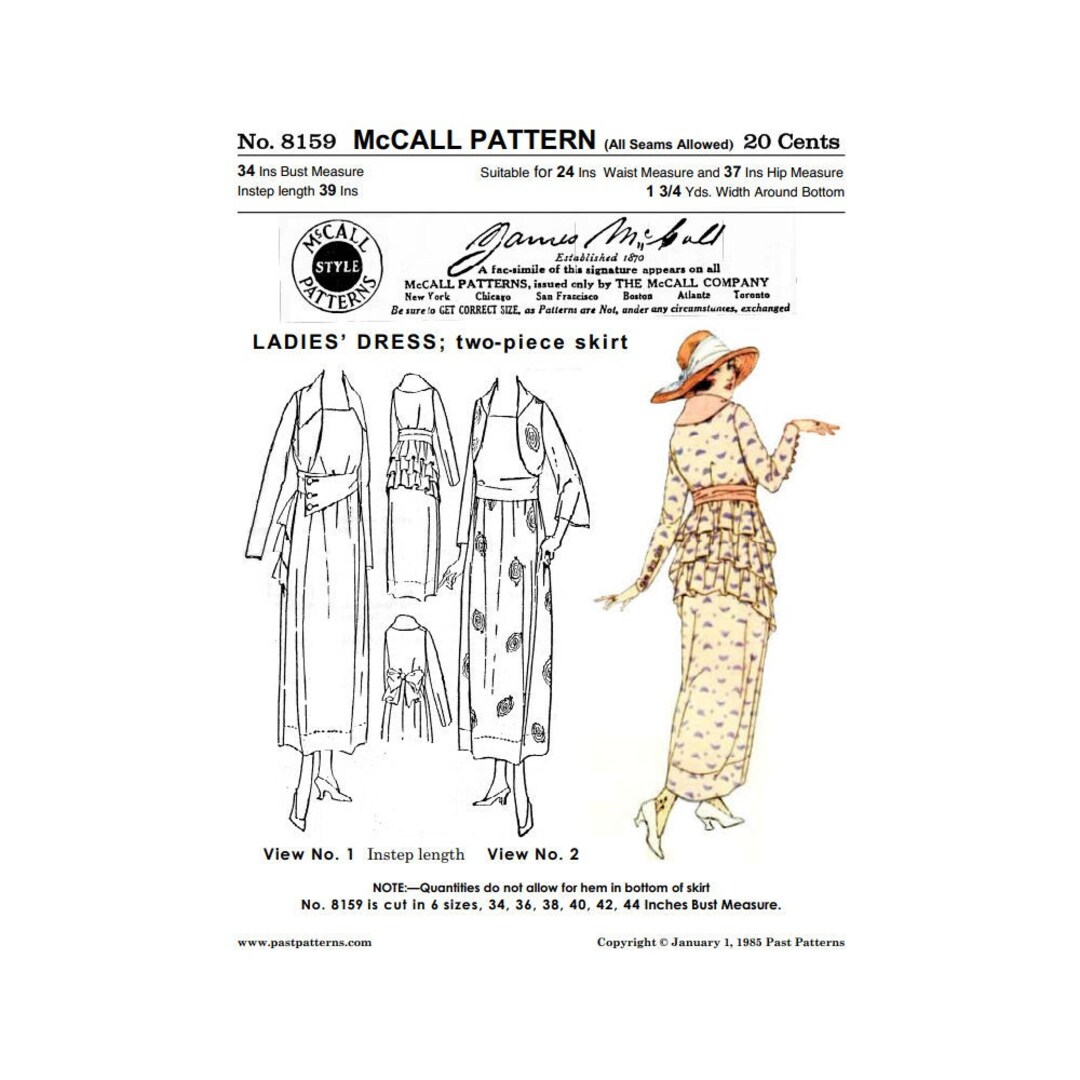 Past Patterns 8159 Download - Late 1910s Dress With Two-piece Skirt ...