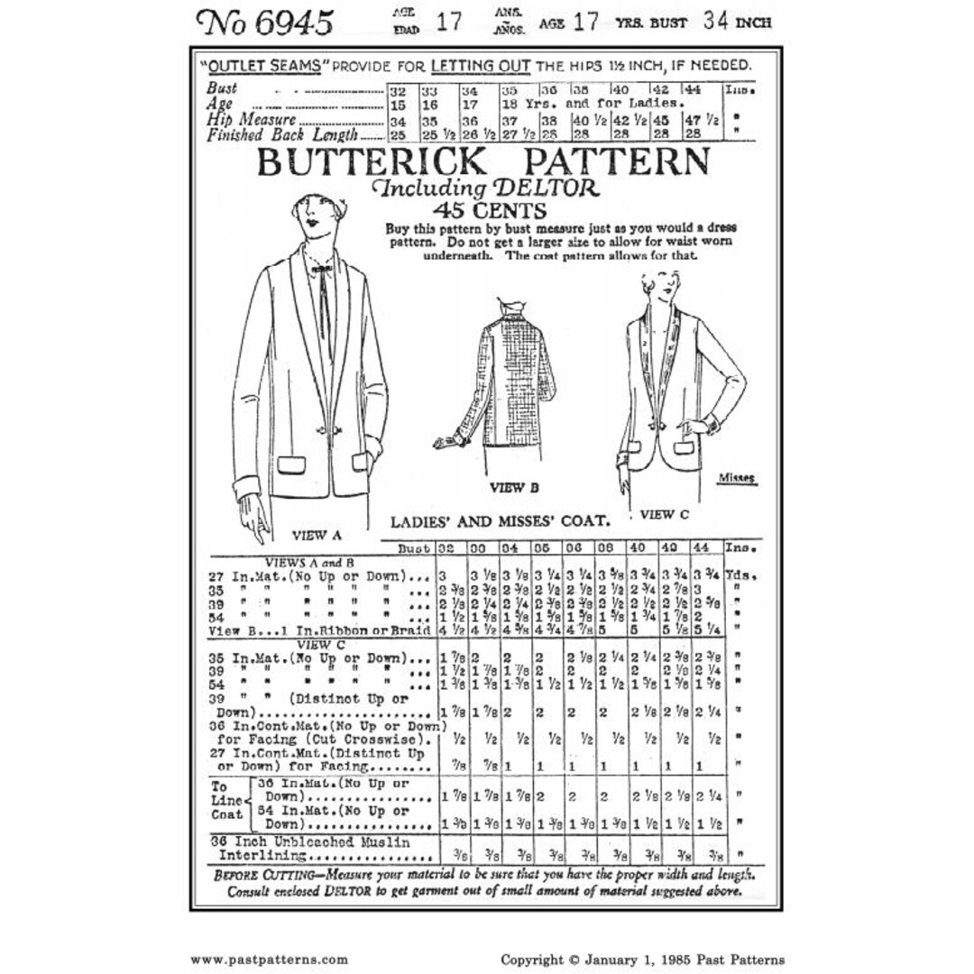 Past Patterns 6945 - Late 1920s Young Ladies Tuxedo Jacket Sewing ...