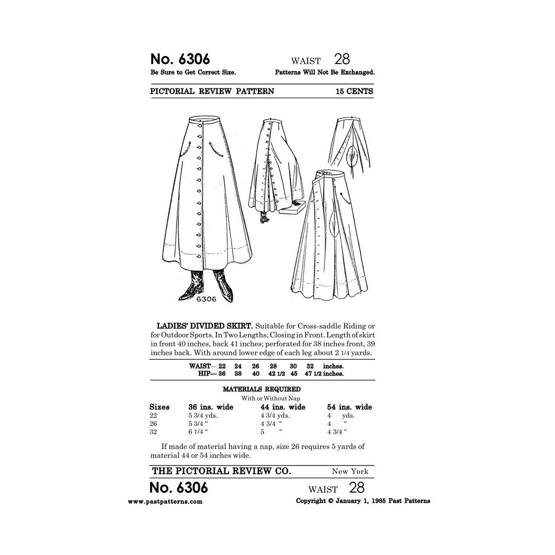 Past Patterns 6306 Download - Mid 1910s Divided Skirt Sewing Pattern ...