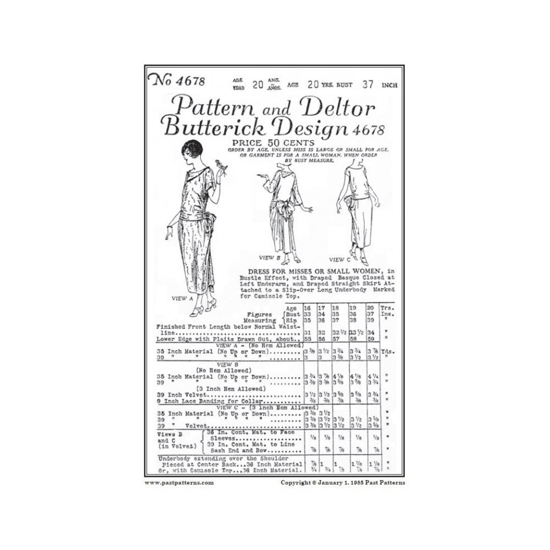 1920s Bustle Dress Sewing Pattern: Butterick Reproduction (bust 37 ...