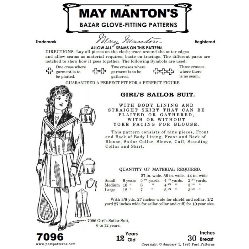 Past Patterns 7096 Edwardian Girls Sailor Suit Sewing Pattern for 12 ...