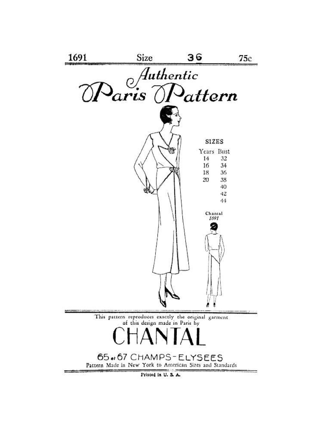 Past Patterns 1691 Download - 1930s Chantal Dress Sewing Pattern Bust ...