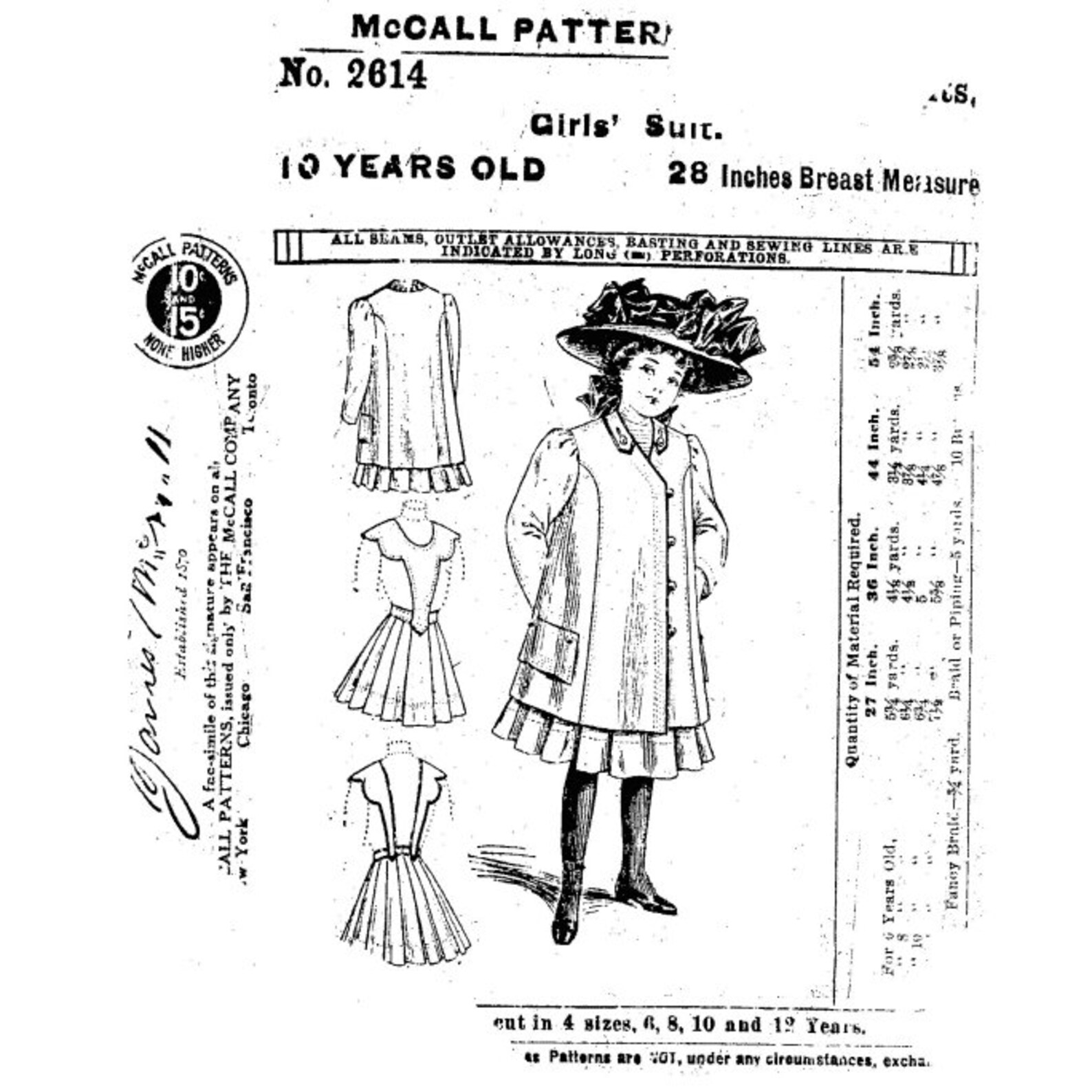 Past Patterns 2614 - Early 1900s Girls Suit Sewing Pattern for 10 Year ...