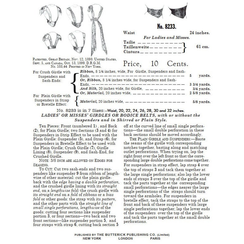 1900s Bodice Belt Sewing Pattern: Edwardian Girdle, Waist 24" | Past ...