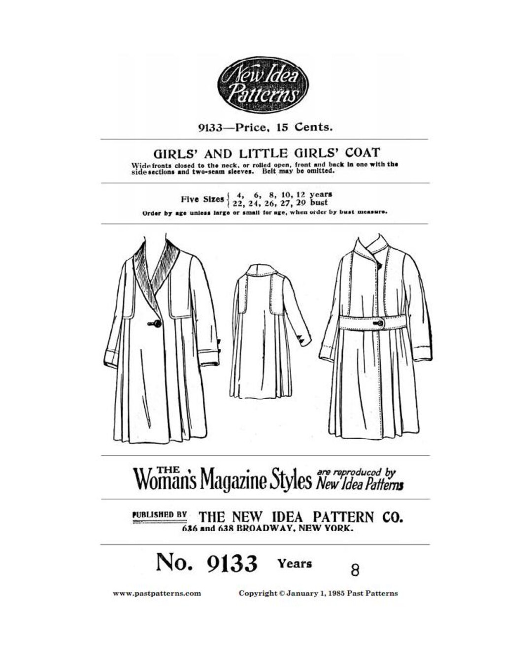 Past Patterns 9133 Download - Late 1910s Coat Sewing Pattern for 8 Year ...
