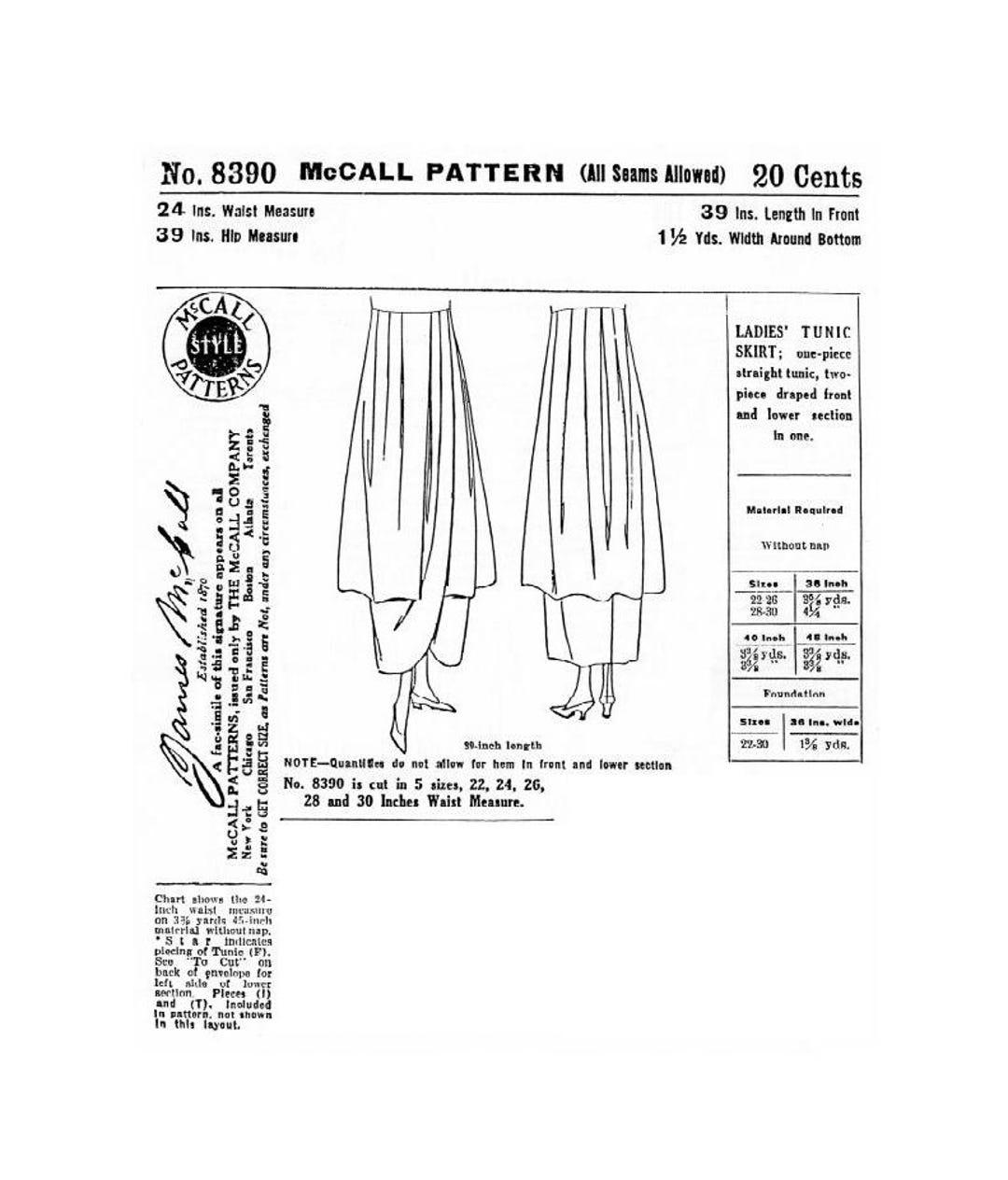 Past Patterns 8390 Download- Late 1910s Tunic Skirt Sewing Pattern ...
