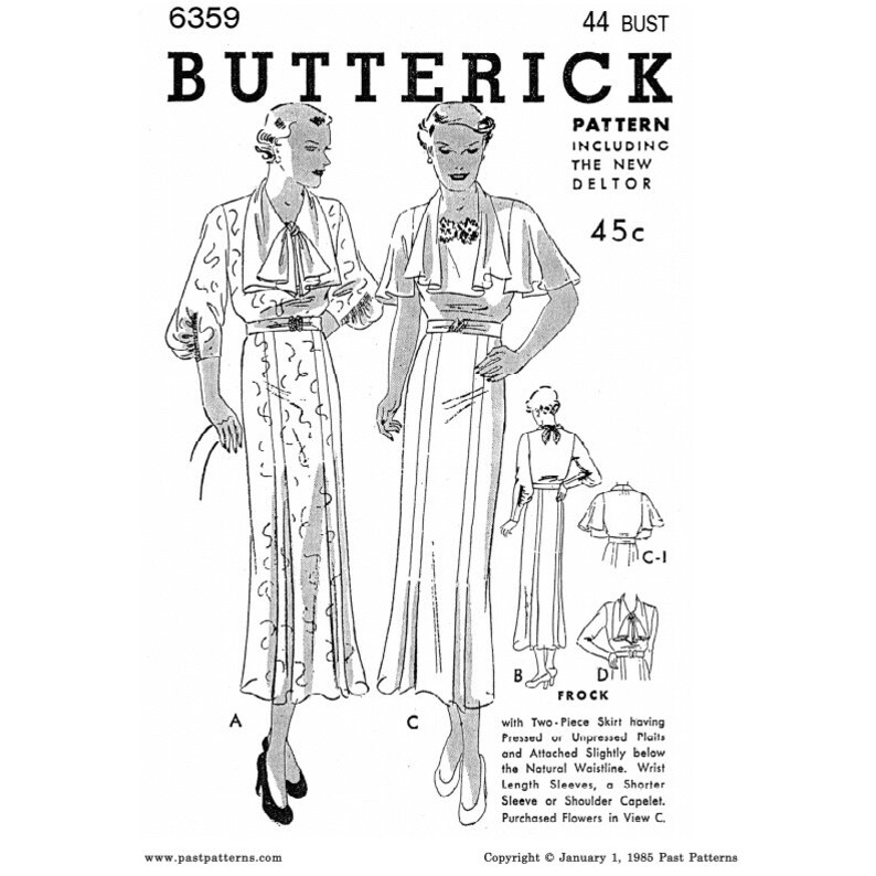 Past Patterns 6359 Early 1930s Frock Sewing Skirt Bust 44 B44 Waist 38 ...