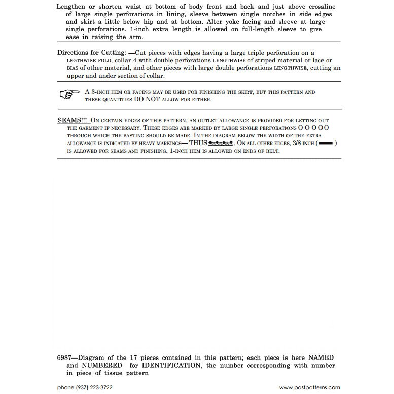 Past Patterns 6987 Mid 1910s Dress Sewing Pattern Bust 38 B38 Waist 28 ...