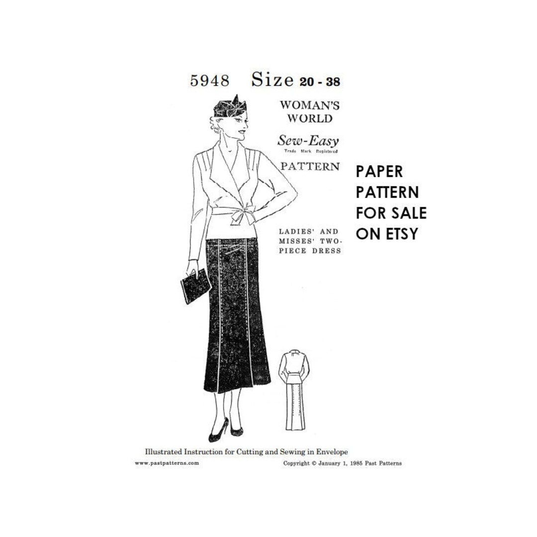 Past Patterns 5948 Download - 1930s Two-piece Dress Sewing Pattern Bust ...