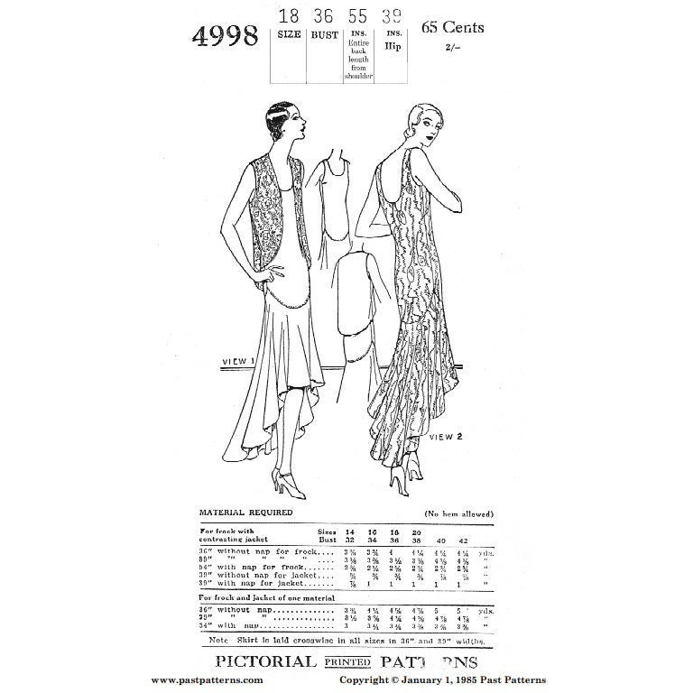 Past Patterns 4998 Late 1920s Slip on Evening Frock Sewing Pattern Bust ...