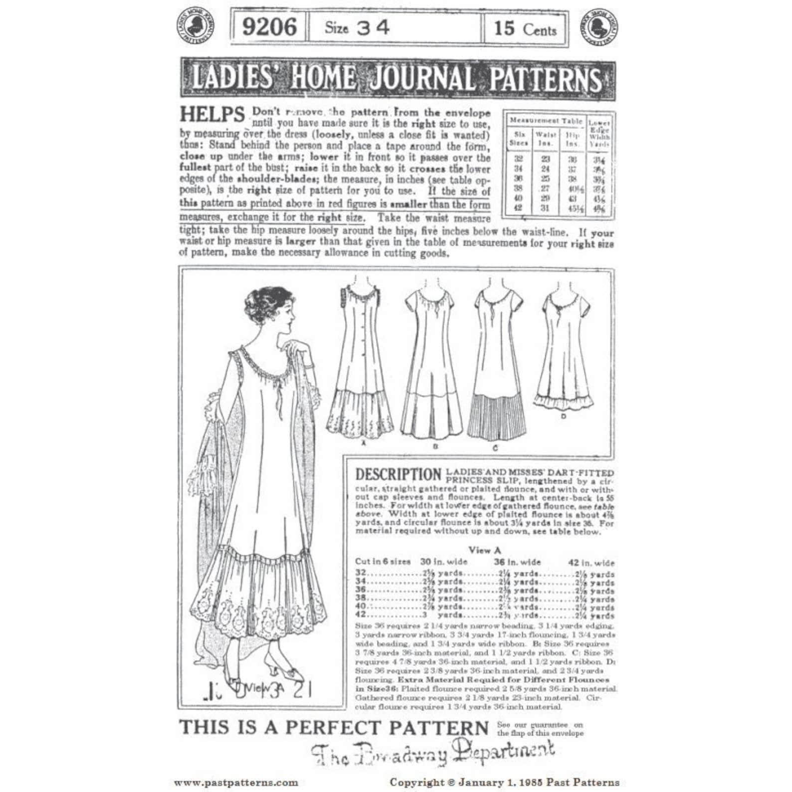 Past Patterns 9206 - 1910s Ladies Dart-fitted Princess Slip Sewing ...