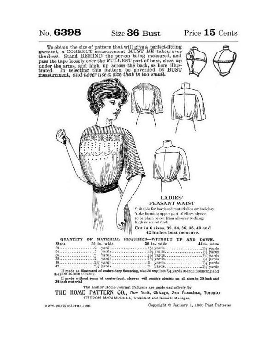 1910s Peasant Waist Sewing Pattern: Ladies Home Journal - Bust 36 (PDF ...