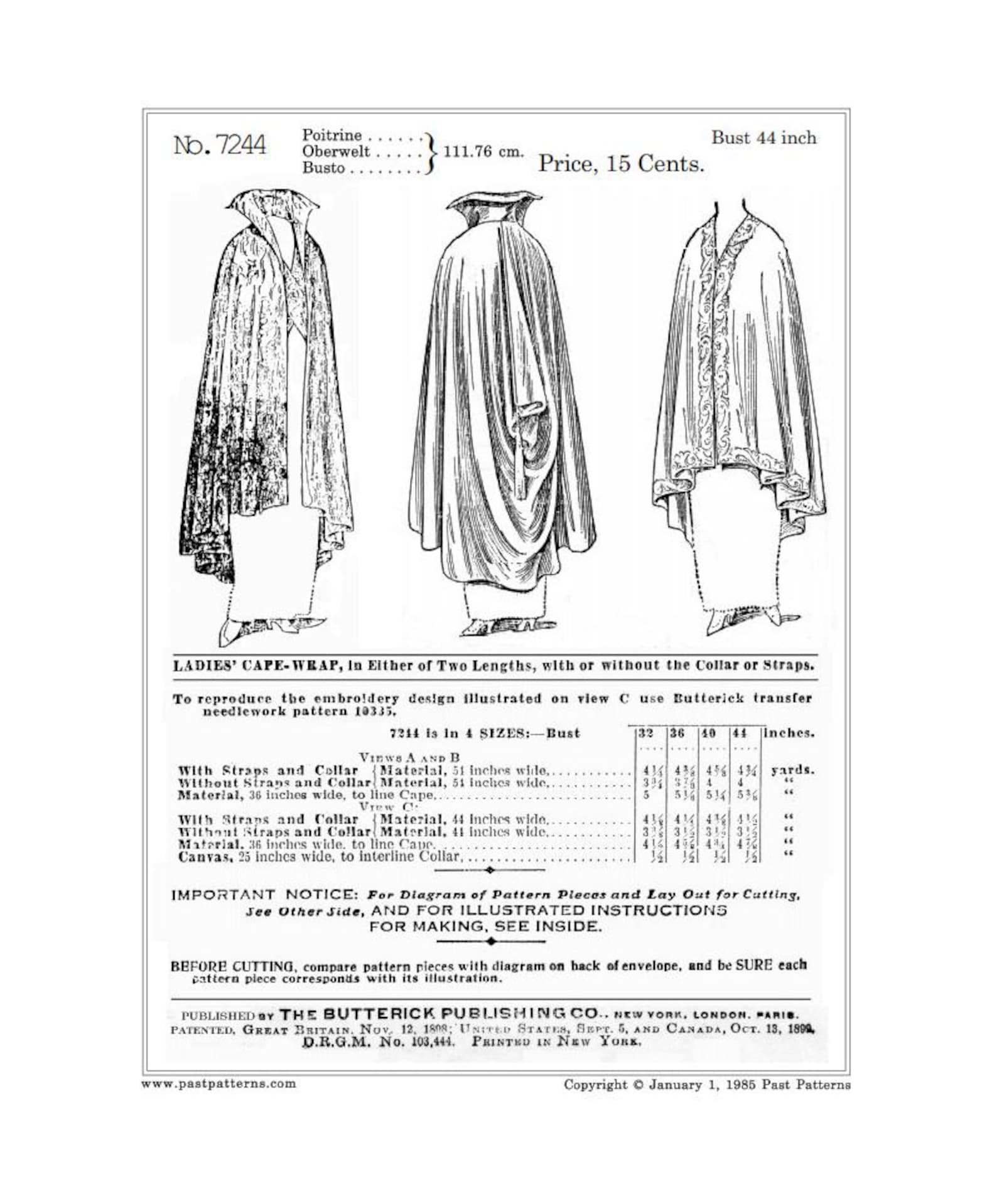 Past Patterns 7244 Download - Mid 1910s Cape Wrap Sewing Pattern Bust ...