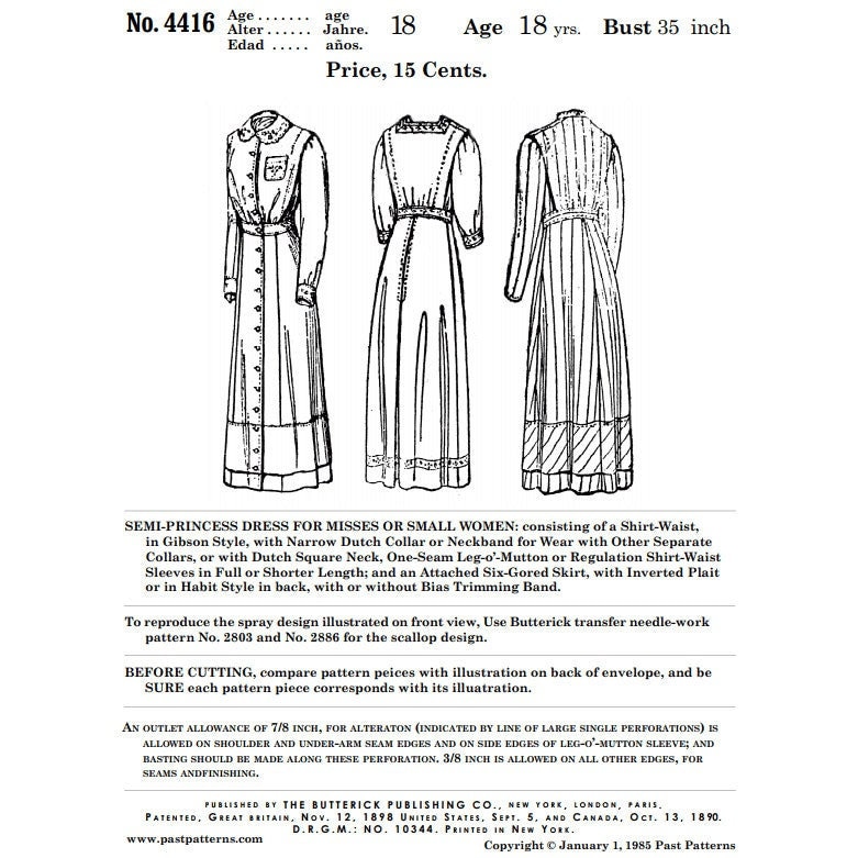 Past Patterns 4416 - Early 1900s Semi-princess Dress Sewing Pattern ...