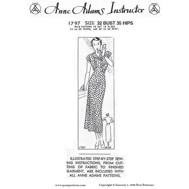 Past Patterns 1797 Mid 1930s Day Dress With Bodice Sewing Pattern Bust ...