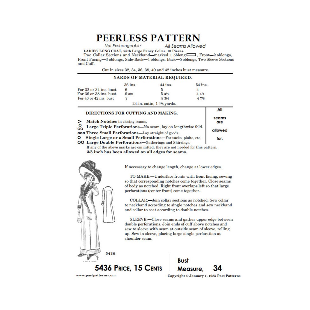 Past Patterns 5436 Download - Edwardian Ladies Long Coat Sewing Pattern ...