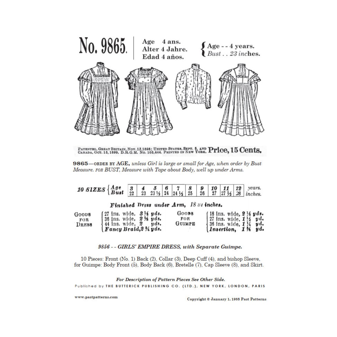 Past Patterns 9865 Download Early 1900s Empire Dress Sewing Pattern for ...