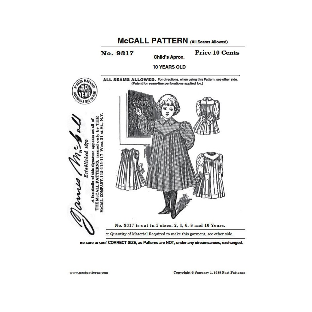 Past Patterns 9317 Download - Edwardian Childs Apron Sewing Pattern for ...
