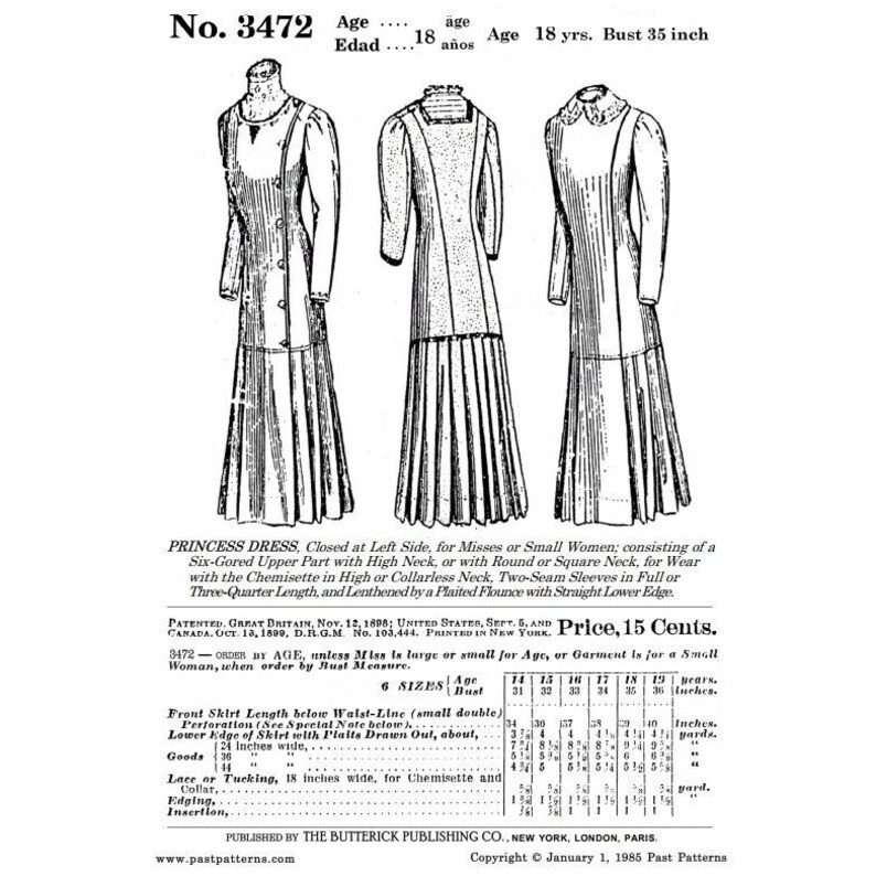 Past Patterns 3472 - Early 1910s Princess Dress Sewing Pattern for 18 ...