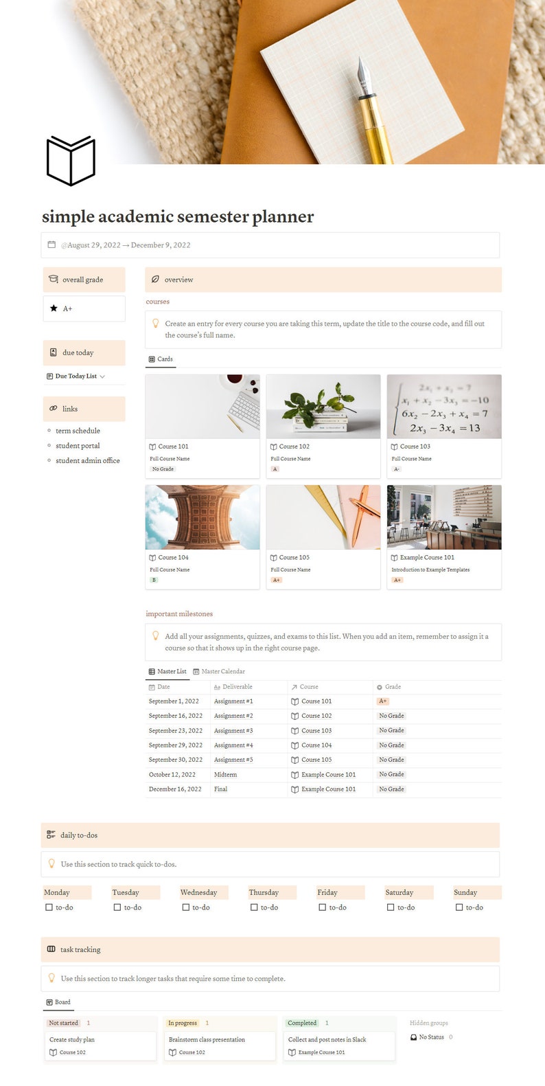Simple Notion Academic Semester Planner for School and College, Notion ...