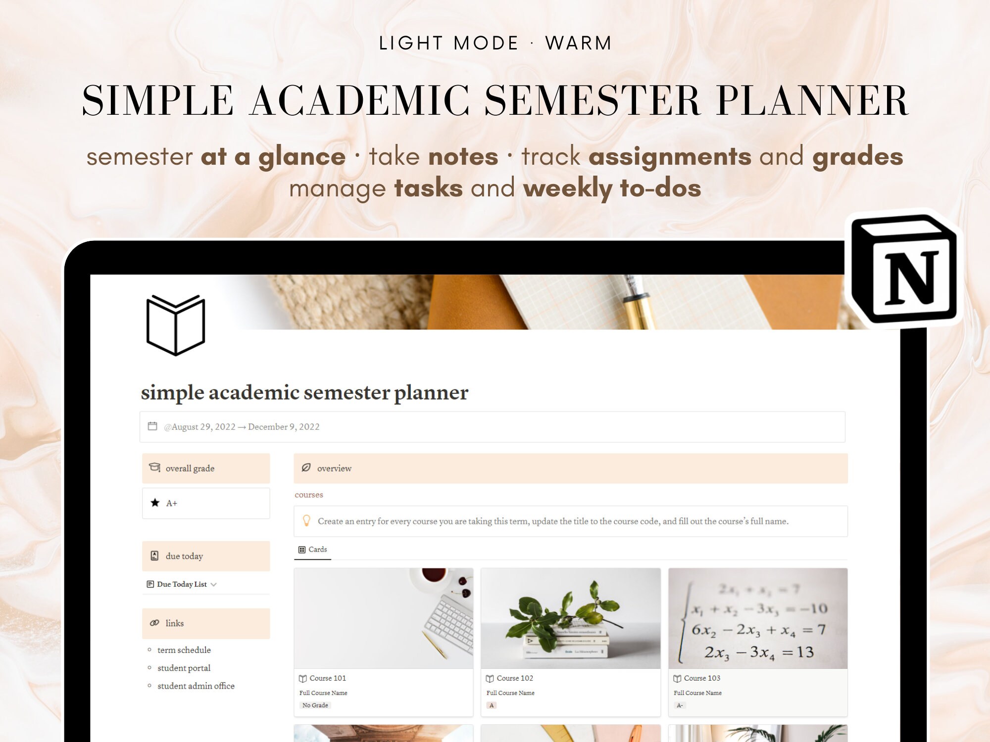 Simple Notion Academic Semester Planner for School and College, Notion ...