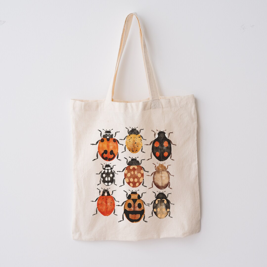 Bug Tote Bag, Reusable Cotton Canvas Beetle Print Bag, Biology Nature ...