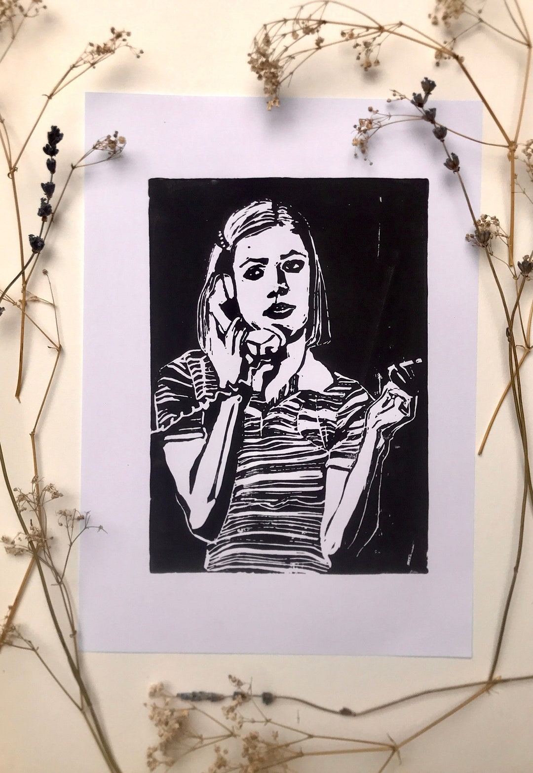 Linocut Print Woman With Cigarette - Etsy