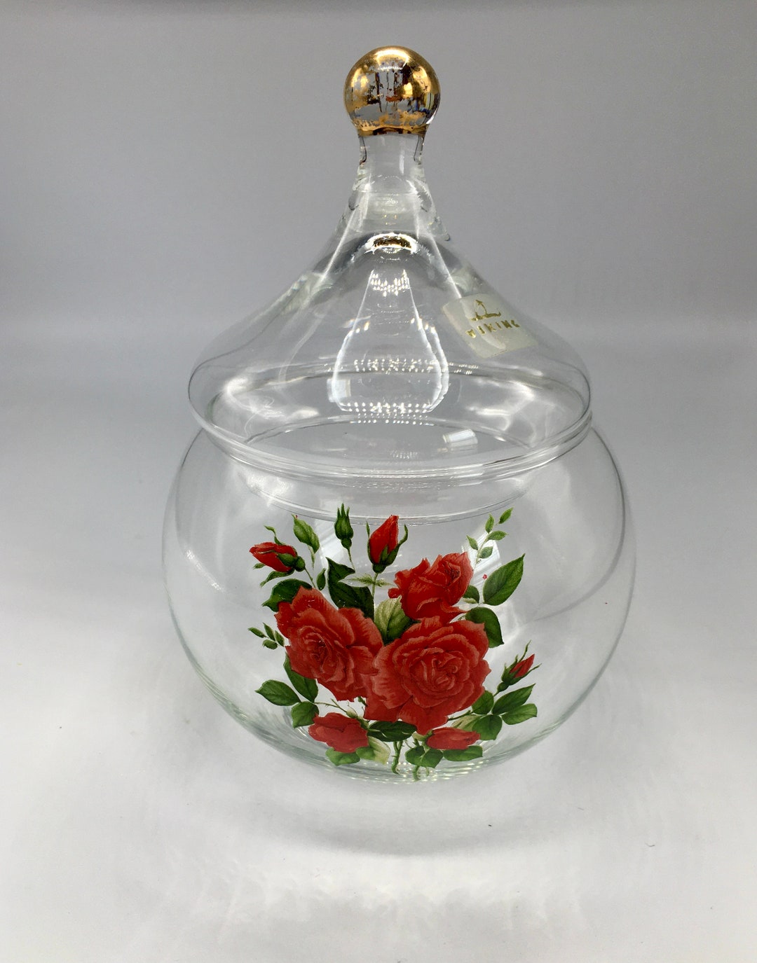 Beautiful Vintage Shabby MCM Clear With Red Roses & Gold Tip Lidded ...