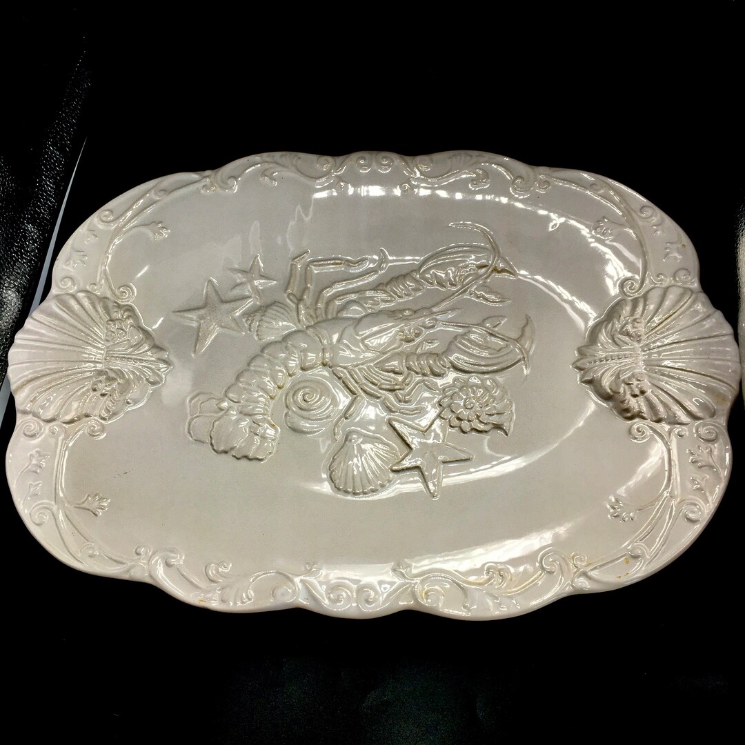 Vintage LG Ivory Lobster, Shells Seafood Themed Platter. Signed, Raised ...