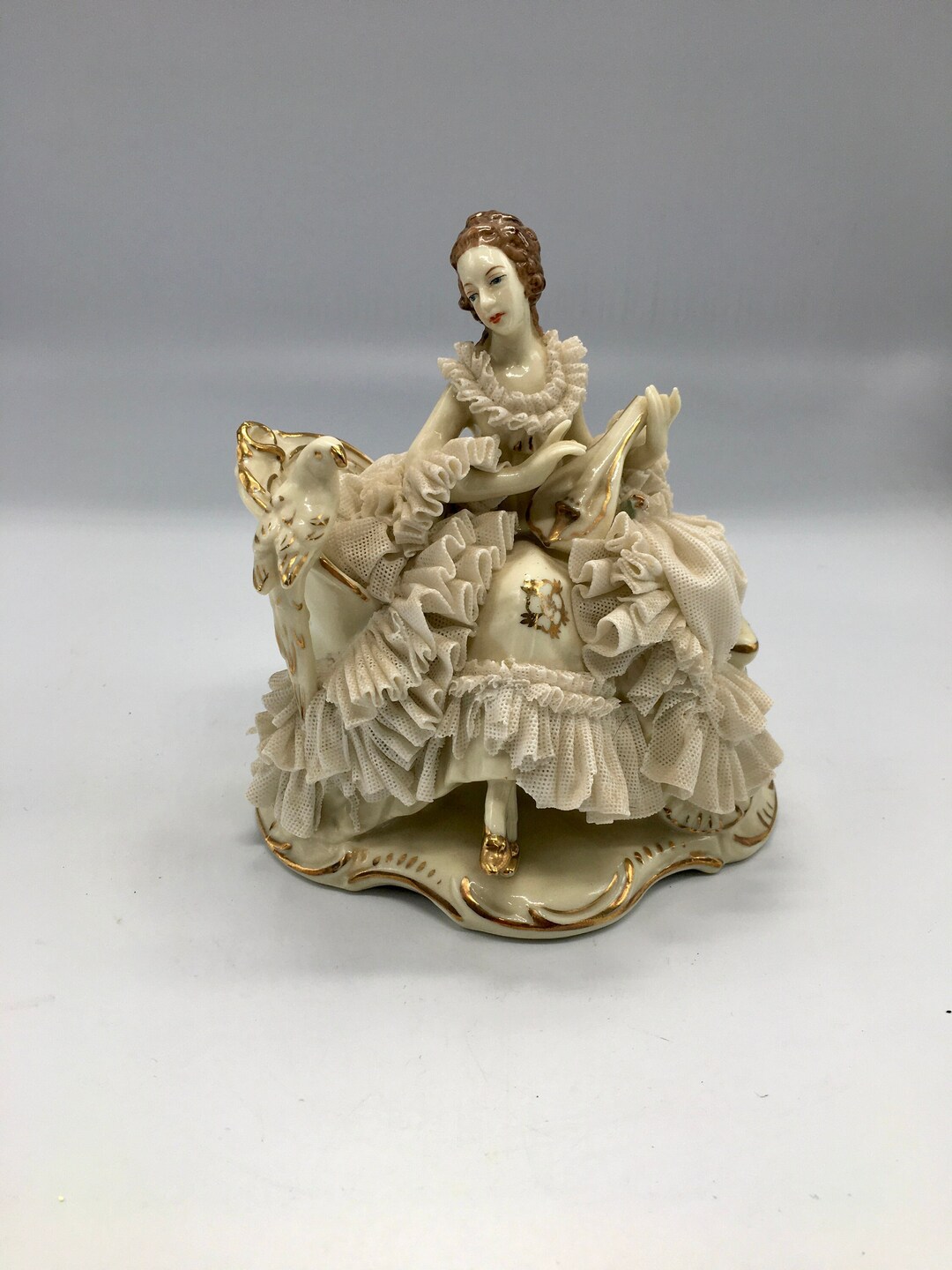 RARE Antique DRESDEN Germany, Beige Lace Dress Victorian Lady Playing ...