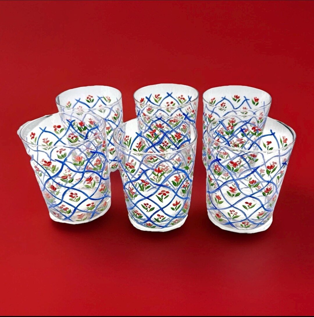 Unique VTG 6pc Tracy Potter Hand Painted Blue Green & Red Floral Glass ...