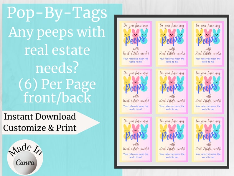 Realtor Easter Peeps Pop-by Tags | Client Marketing (editable Template ...