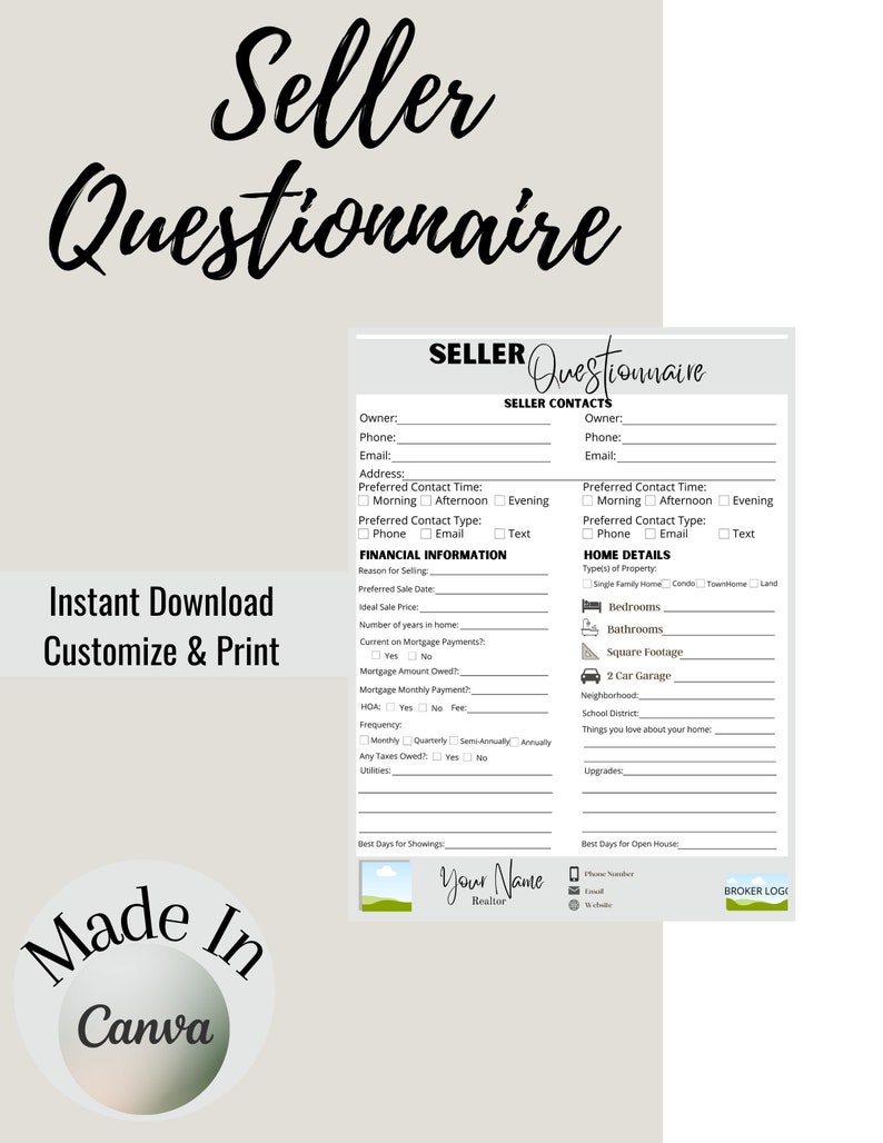 Real Estate Handout | Seller Questionnaire Form| Client Questionnaire ...