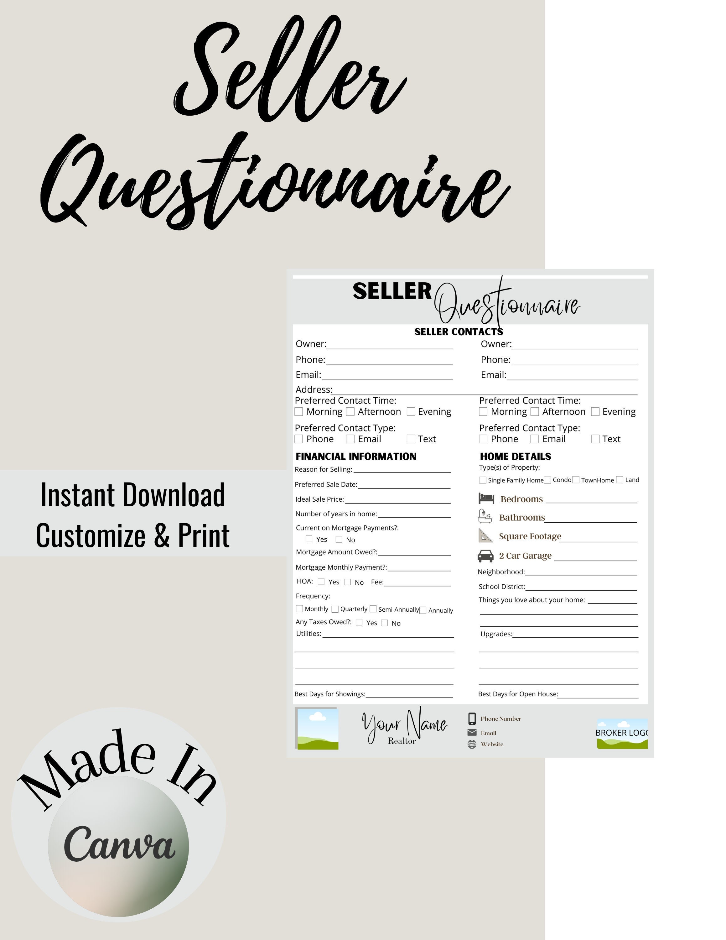 Real Estate Handout | Seller Questionnaire Form| Client Questionnaire ...