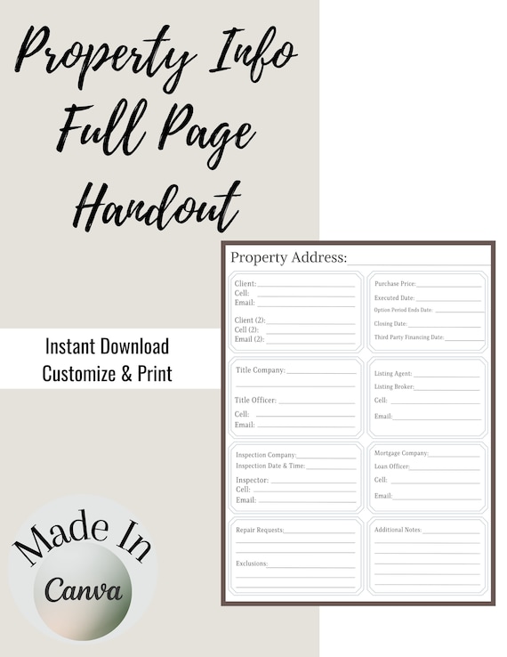 Real Estate Property Information Handout Real Estate Real - Etsy