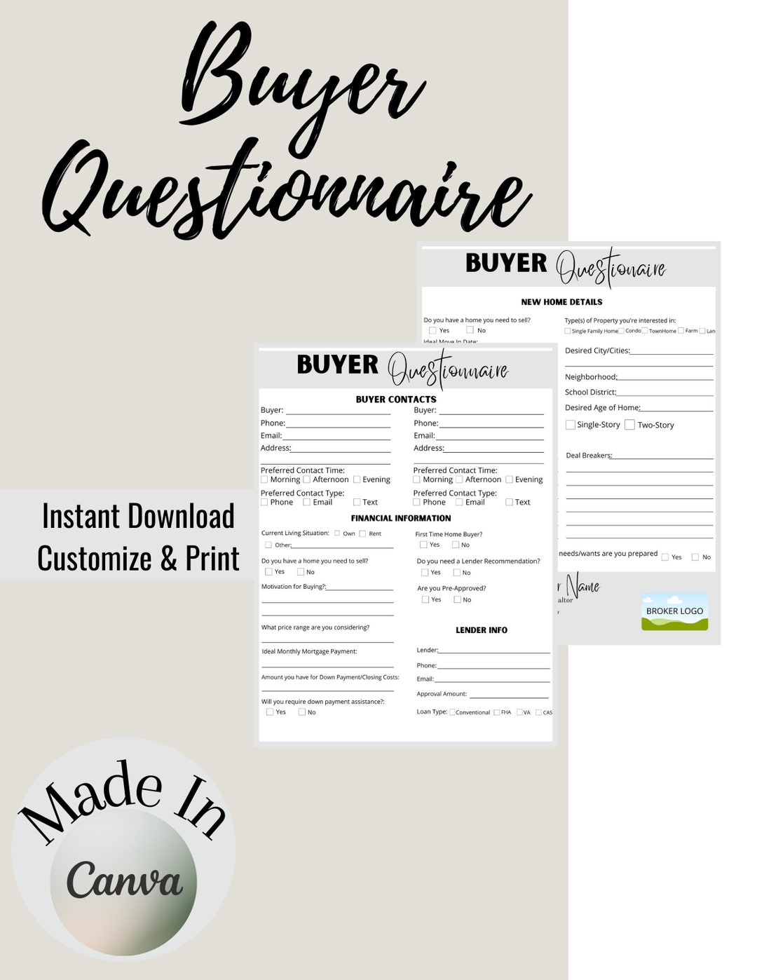 Real Estate Handout | Buyer Questionnaire Form| Client Questionnaire ...