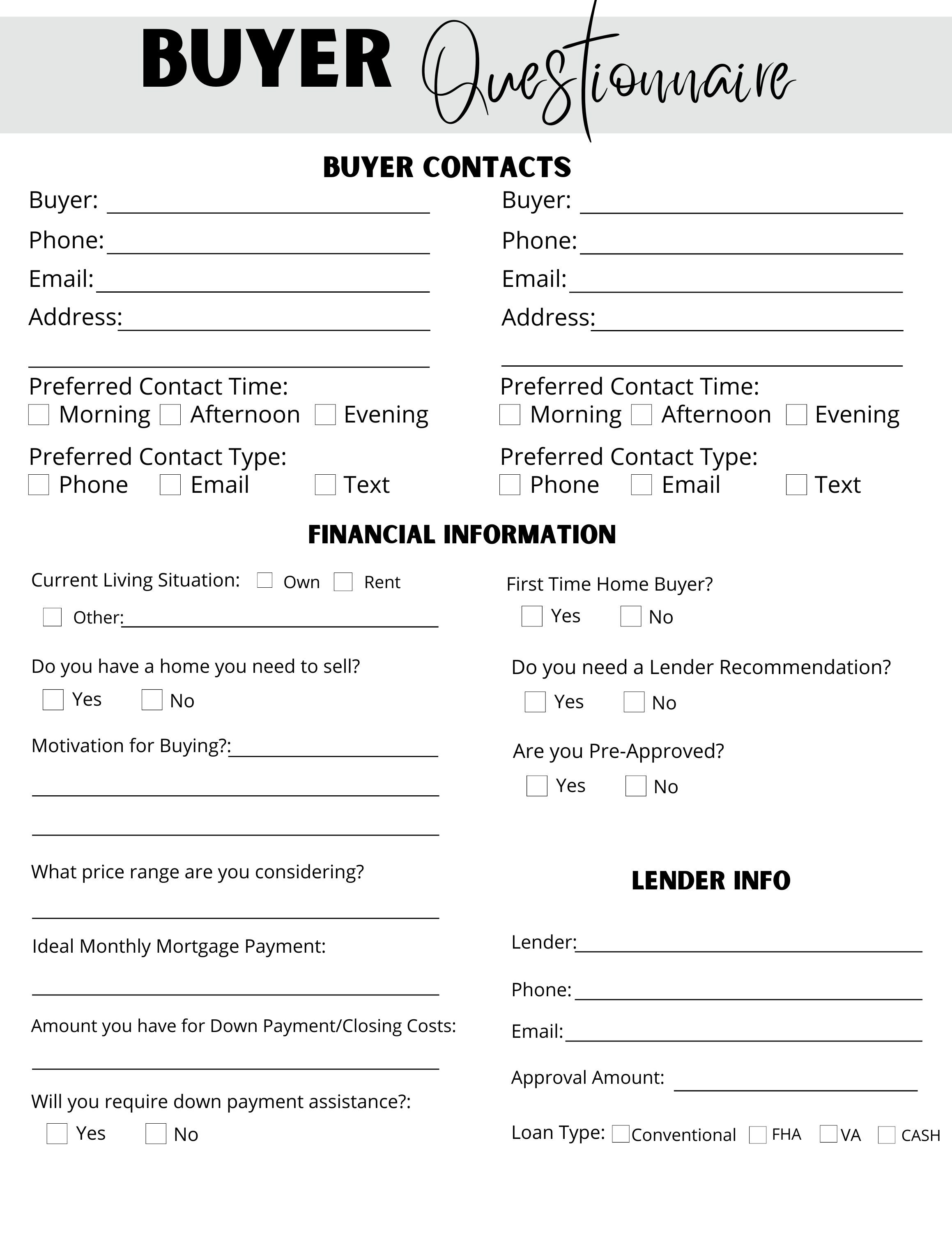 Real Estate Handout | Buyer Questionnaire Form| Client Questionnaire ...