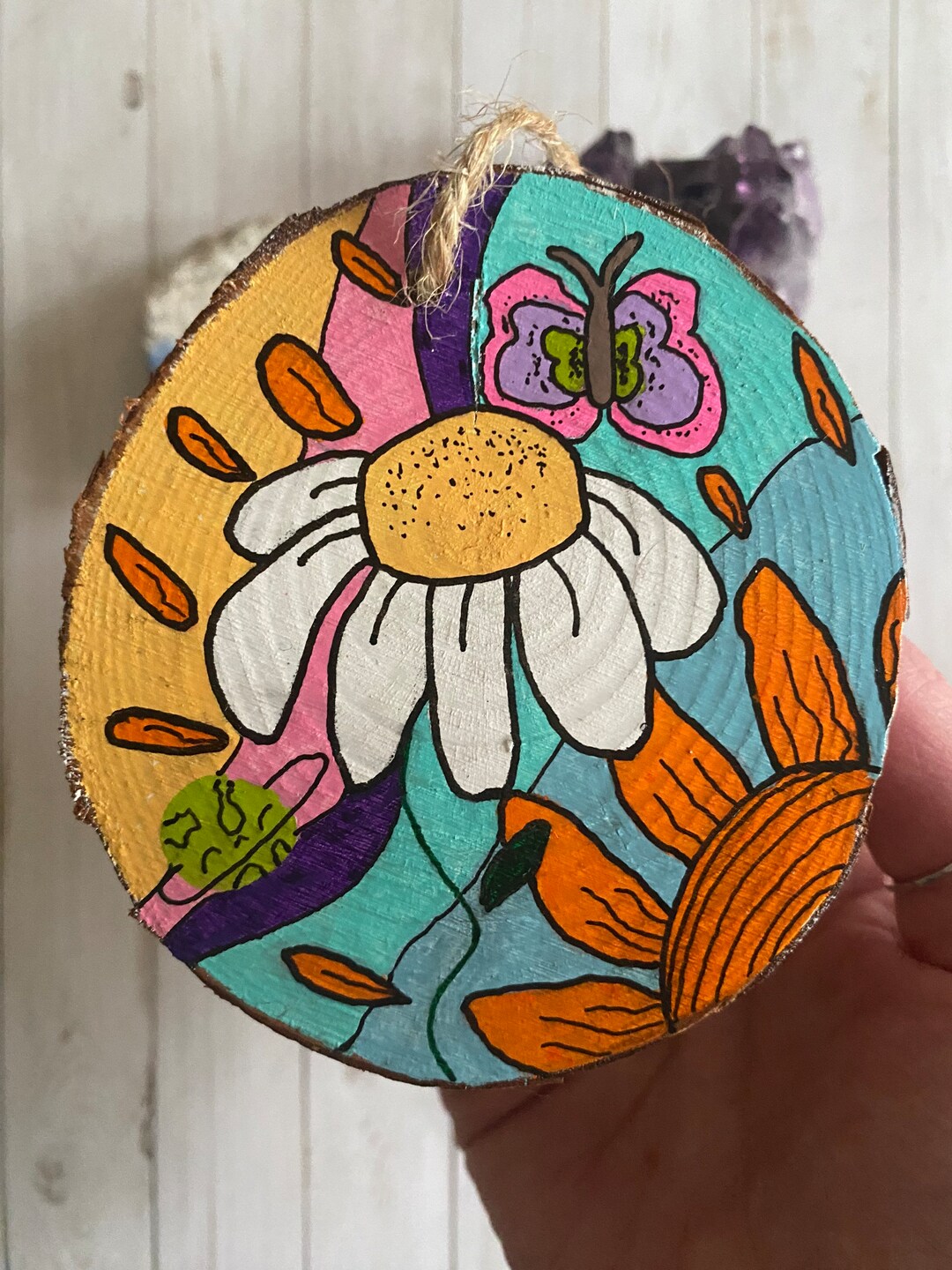 Trippy Daisy Painting Psychedelic Art Groovy Daisy Wood Slice Ornament ...