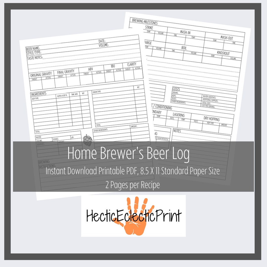 Homebrew Beer Recipe Logbook Printable PDF 8.5 X 11 Inch Standard ...