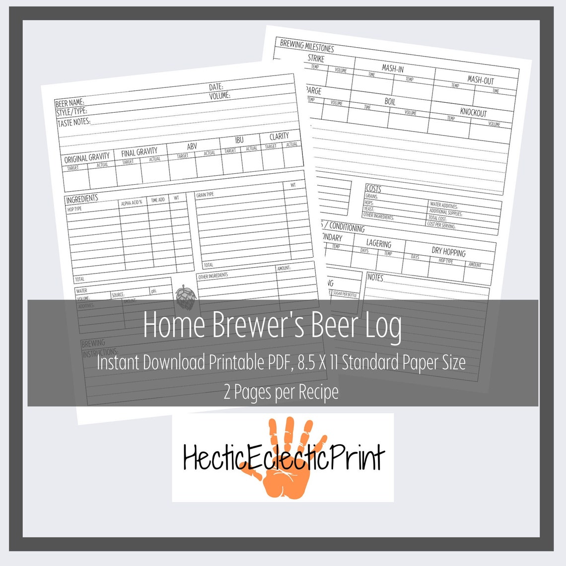 Homebrew Beer Recipe Logbook Printable PDF 8.5 X 11 Inch Standard ...