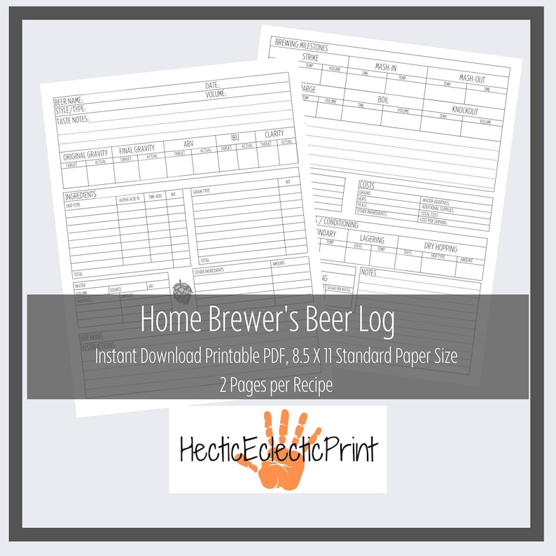 Homebrew Beer Recipe Logbook Printable PDF 8.5 X 11 Inch Standard ...