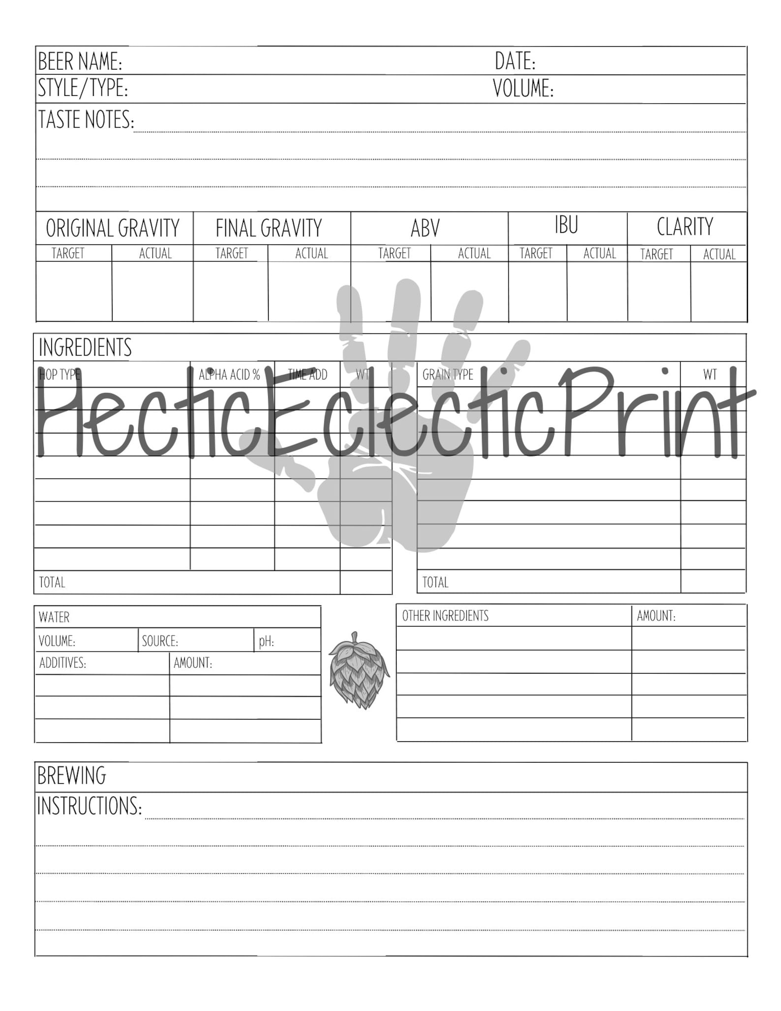 Homebrew Beer Recipe Logbook Printable PDF 8.5 X 11 Inch Standard ...