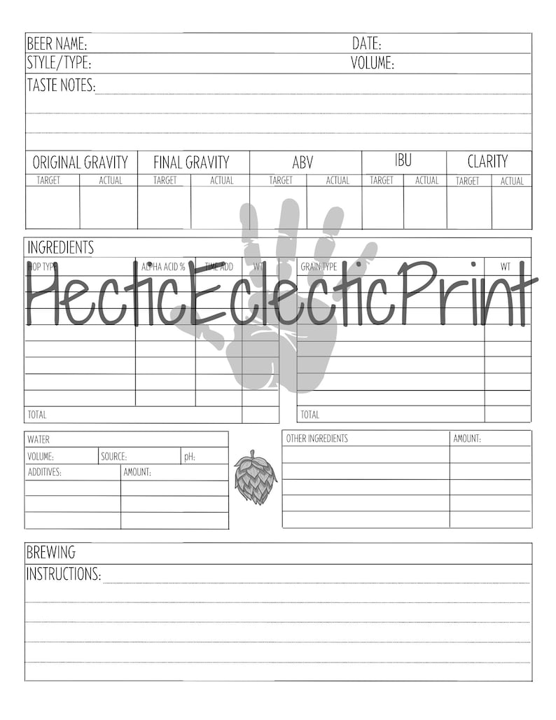 Homebrew Beer Recipe Logbook Printable PDF 8.5 X 11 Inch Standard ...