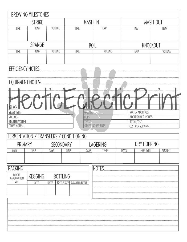 Homebrew Beer Recipe Logbook Printable PDF 8.5 X 11 Inch Standard ...