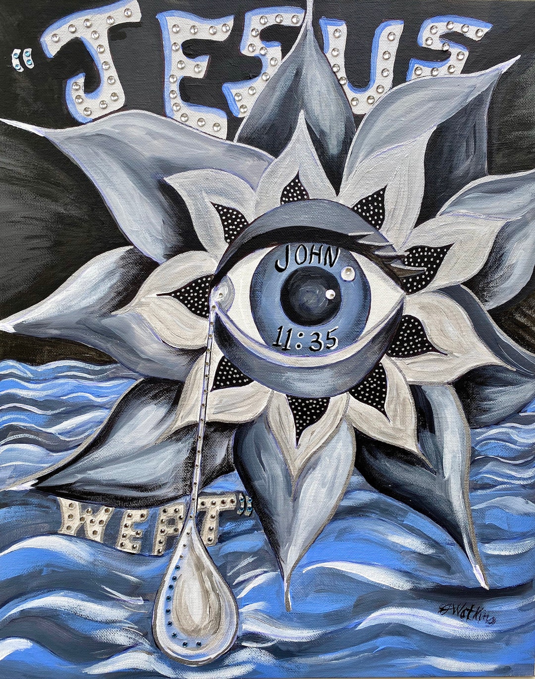 Jesus Wept - Tears, Flower, Abstract Painting, Blue Black and Gray ...