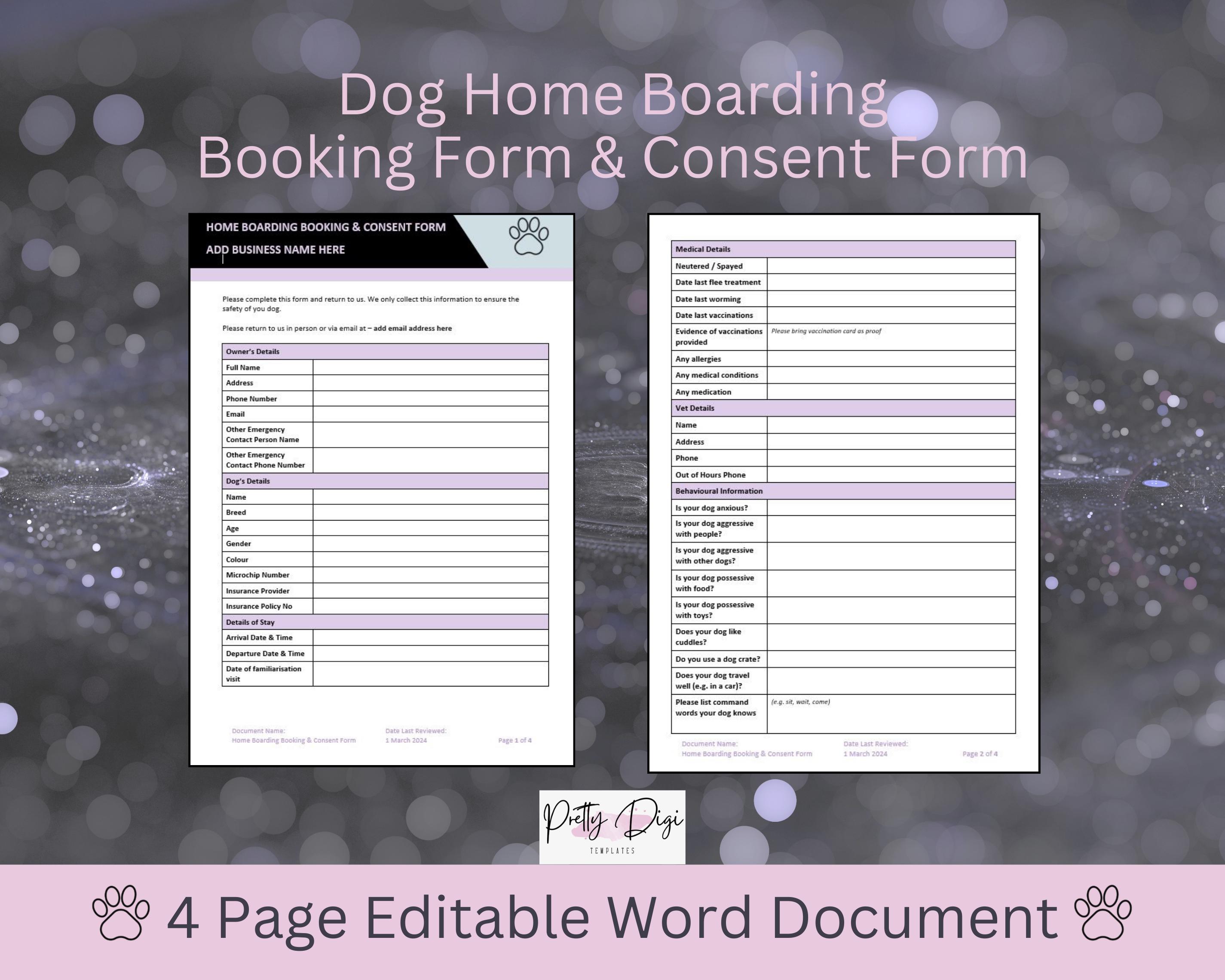 Dog Home Boarding Booking Form & Consent Form Editable Word Document ...