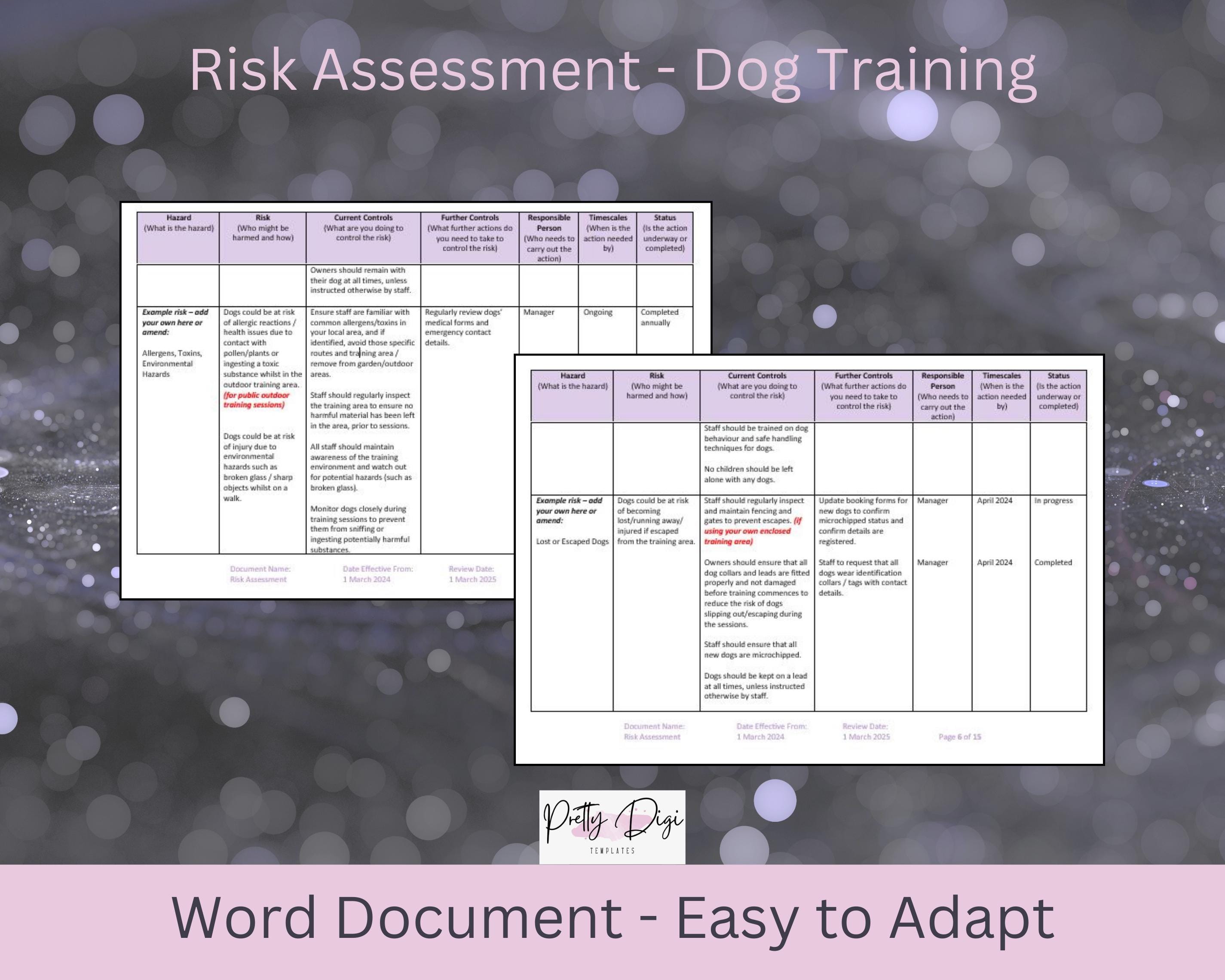 Risk Assessment Dog Trainer Template - Includes Written Detailed ...
