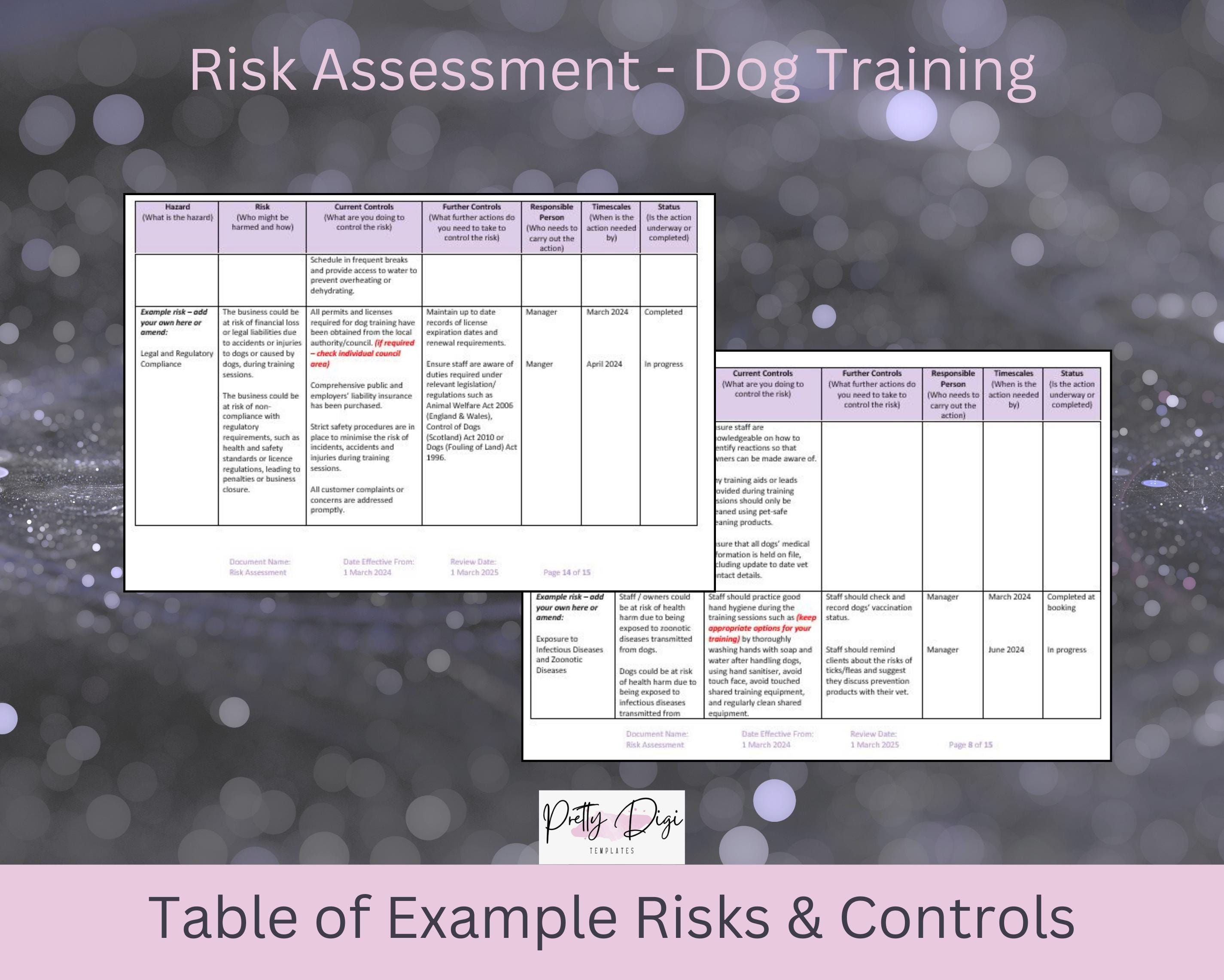 Risk Assessment Dog Trainer Template - Includes Written Detailed ...
