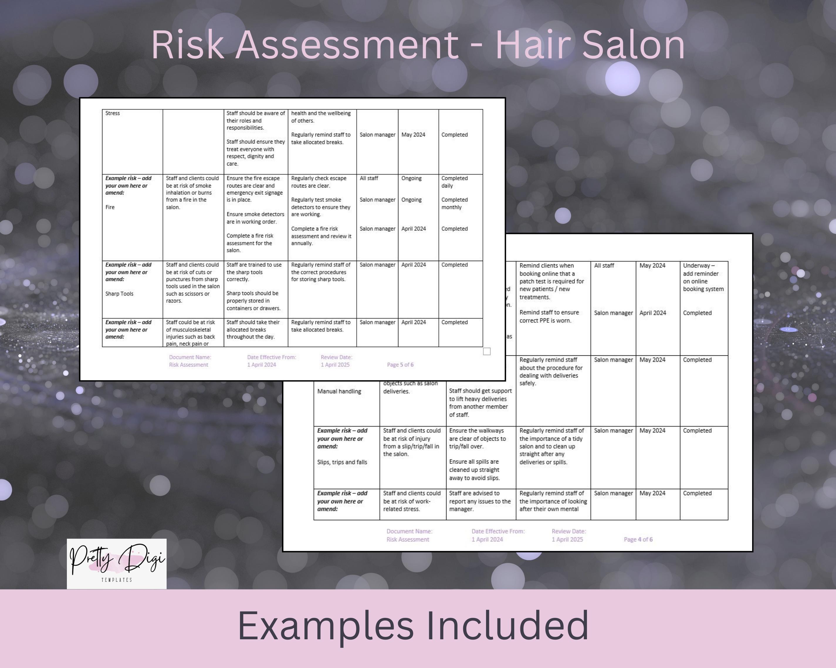 Risk Assessment Hair Salon Hairdresser Template - Includes Example ...