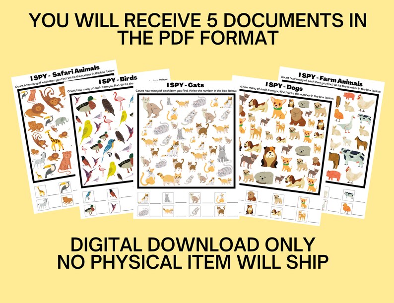 Animal I Spy Games for Kids, Printable I Spy Animals, 5 Look and Find ...